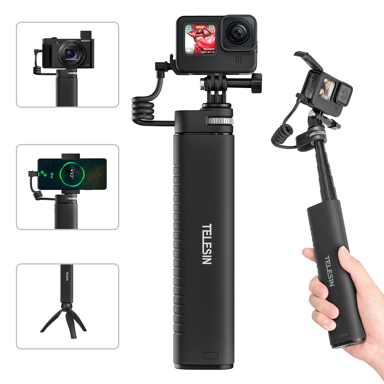 Telesin CSS-001 rechargeable selfie stick 90cm - 10,000 mAh power bank ...
